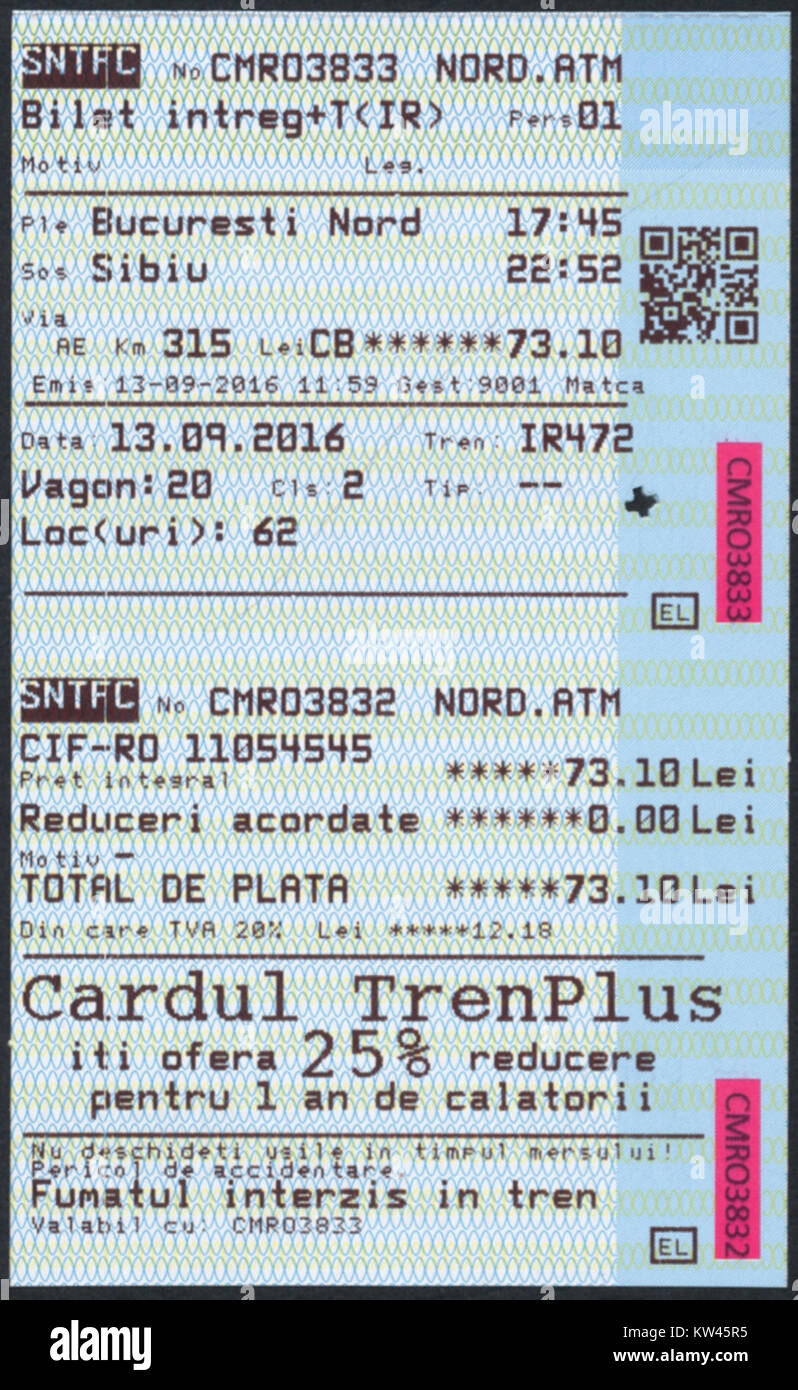 This ticket represents travel between Bucuresti and Sibiu, two ...