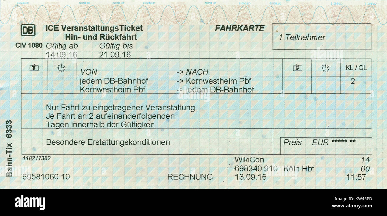 An ICE (InterCity Express) event ticket for the Deutsche Bahn during ...