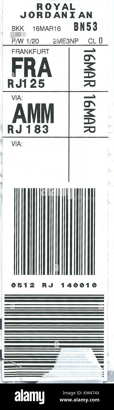 Royal Jordanian bag tag RJ 183, RJ 125 Bangkok Amman Frankfurt 2016 03 ...