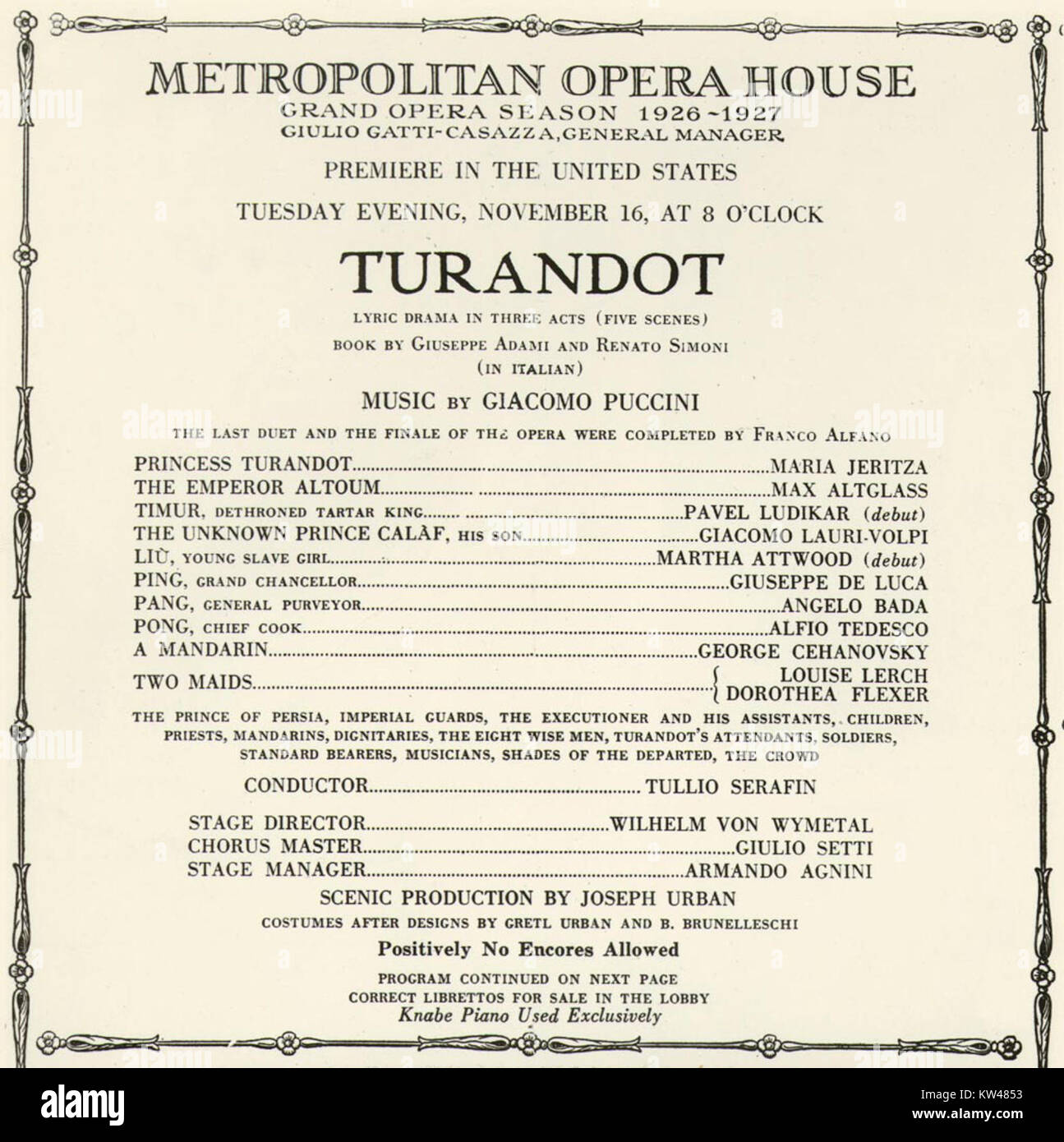 The Metropolitan Opera’s premiere program for Turandot, a famous opera ...
