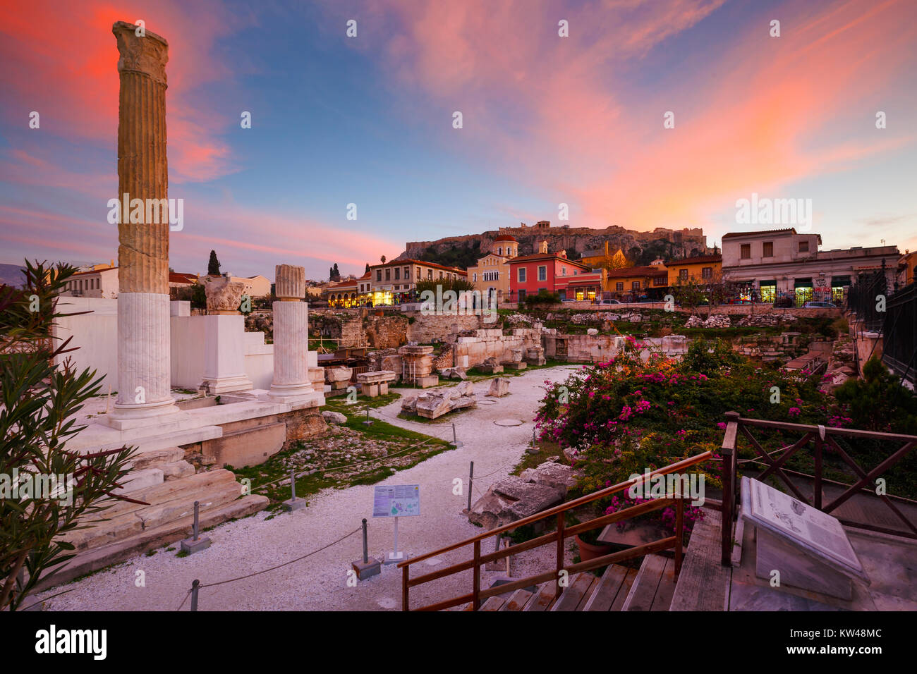 Remains of Hadrian's Library and Acropolis in the old town of Athens ...