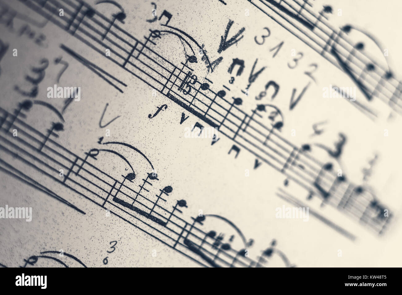 Closeup view of musical sheets, a lot of notes and articulation symbols ...