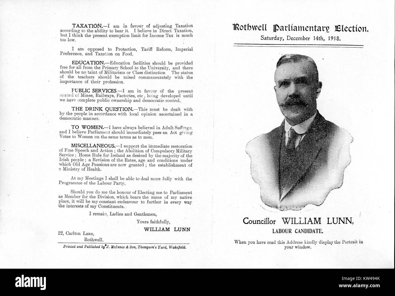 UK Election Flyer 1918 William Lunn MP Rothwell Sheet2 Stock Photo - Alamy