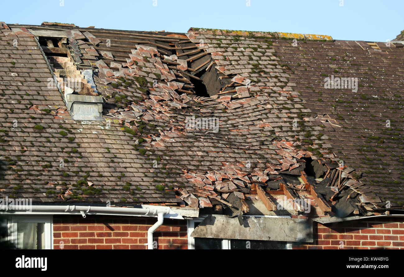 A view of damage to the roof of a house in East Boldre, Hampshire ...