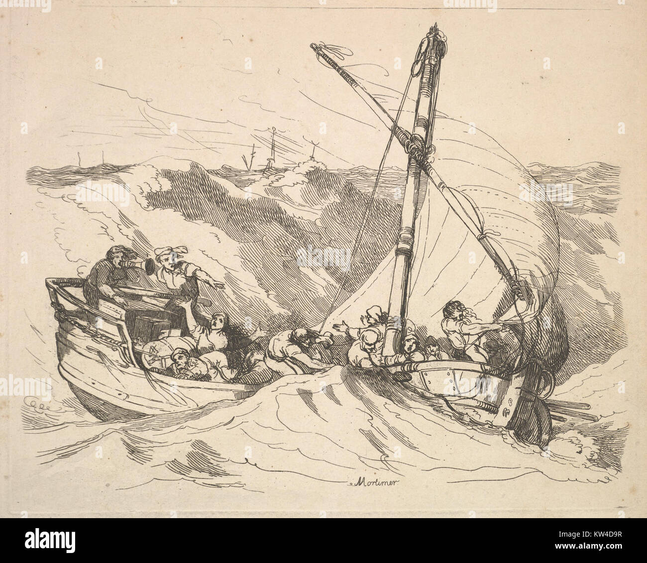 The artwork 'Boat in a Storm at Sea' depicts a turbulent maritime scene ...