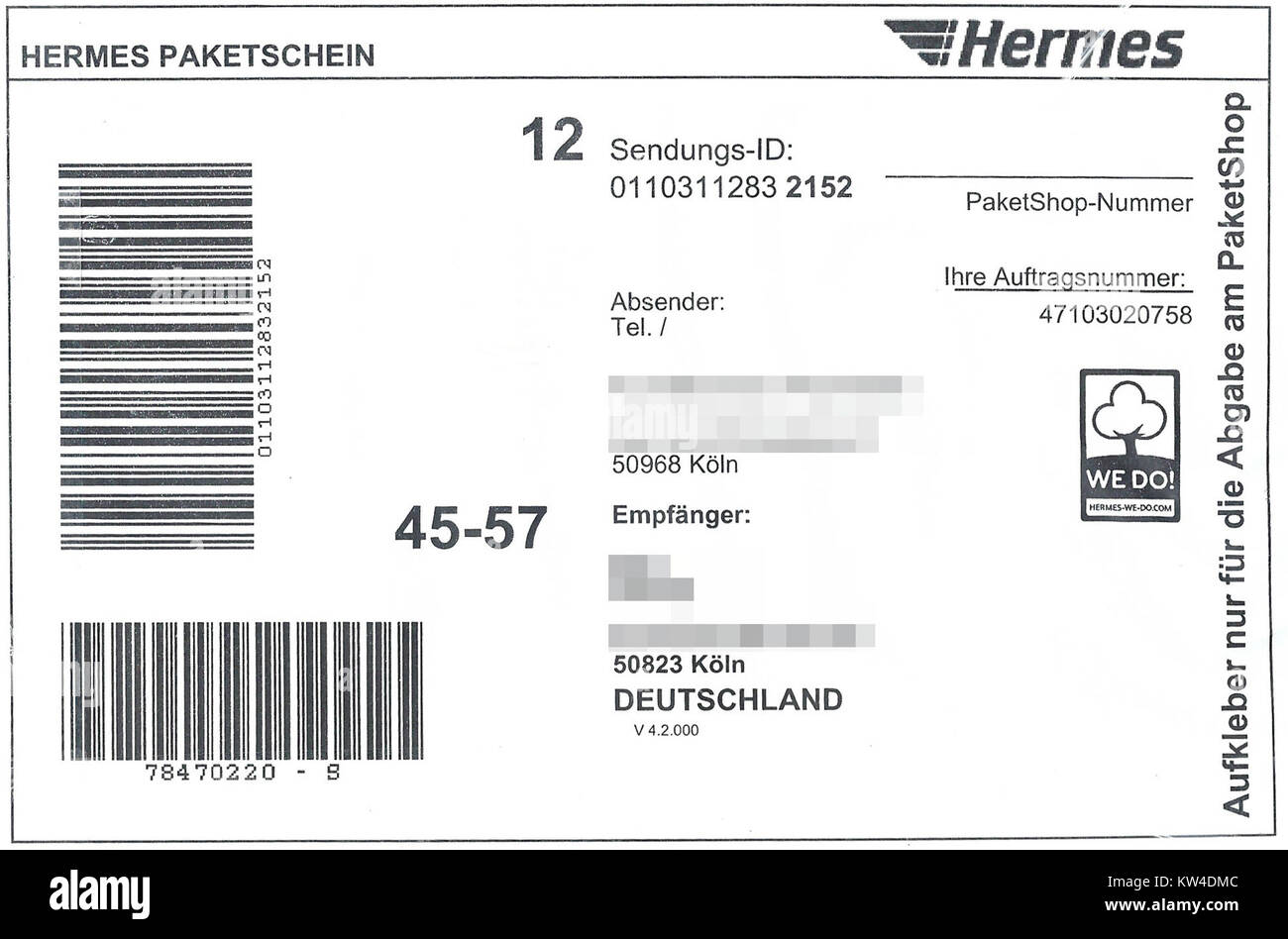 A 2017 Hermes parcel label for shipping packages via a Paketshop, a ...
