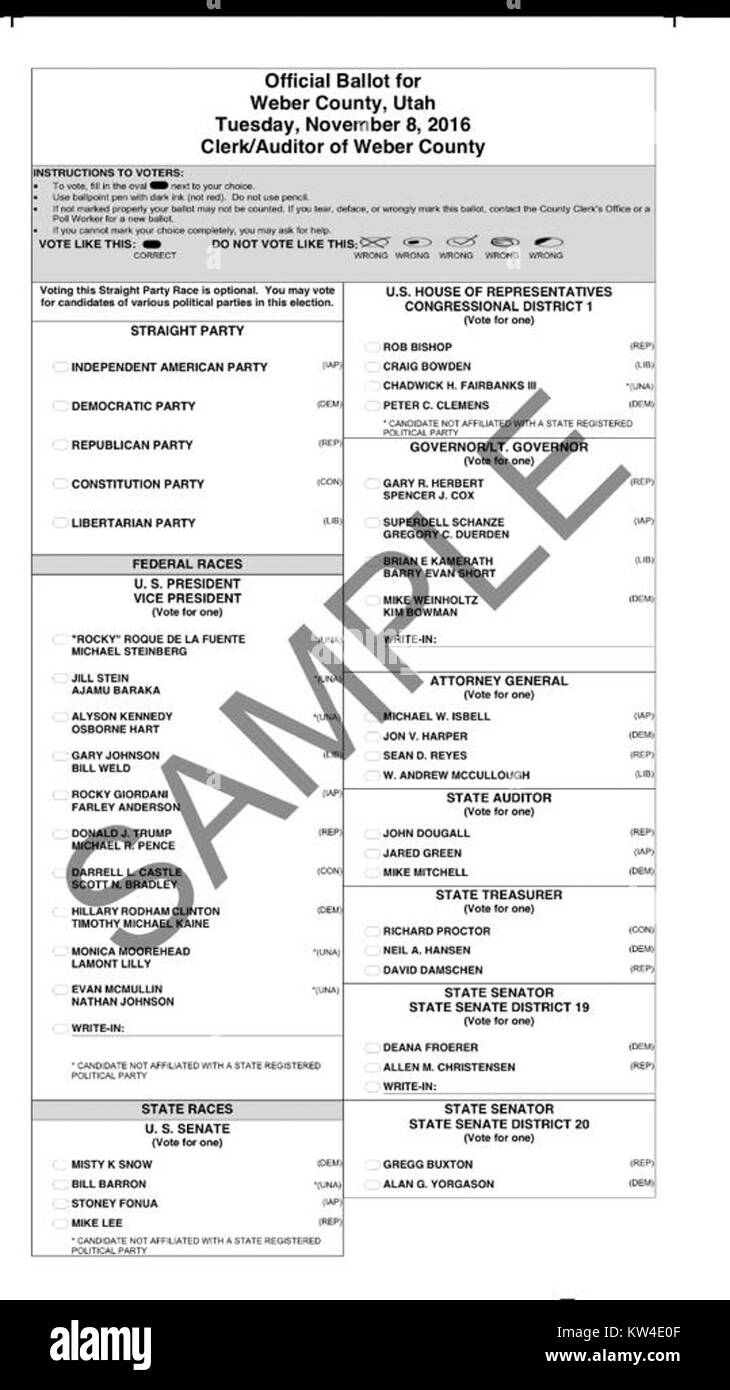 Photograph of the 2016 sample ballot for Utah, showcasing the ...