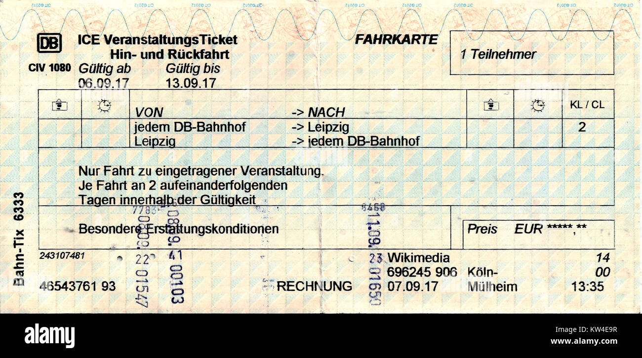 ICE VeranstaltungsTicket Deutsche Bahn, WikiCon Leipzig, 2017 Stock ...