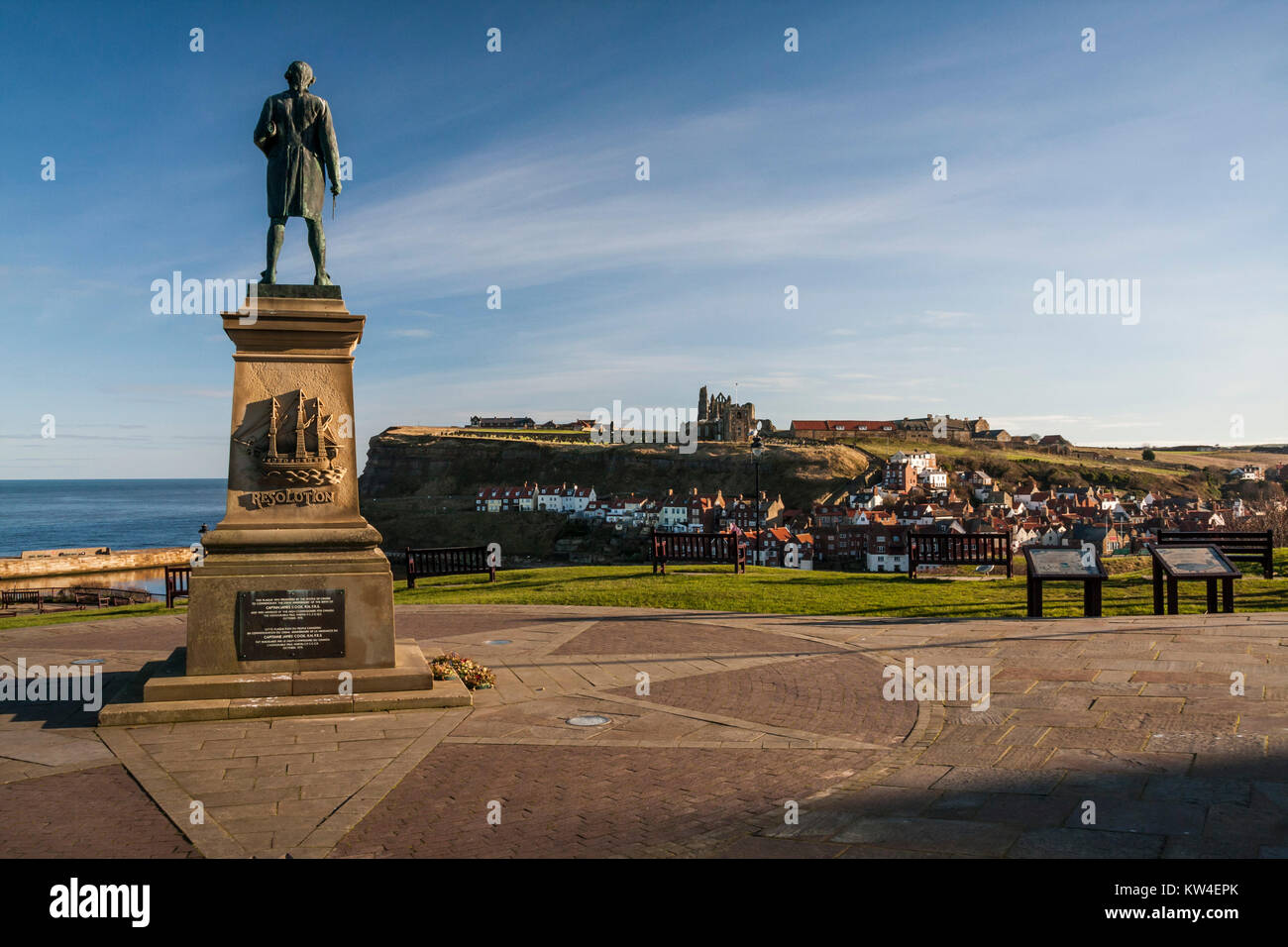 The statue of explorer,James Cook overlooking Whitby,North Yorkshire ...