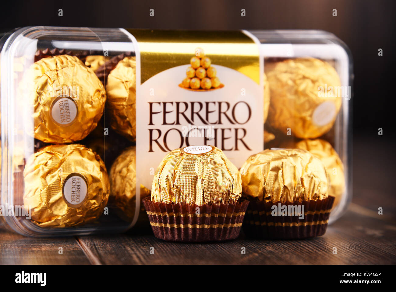POZNAN, POLAND - DEC 7, 2017: Ferrero Rocher premium chocolate sweets ...