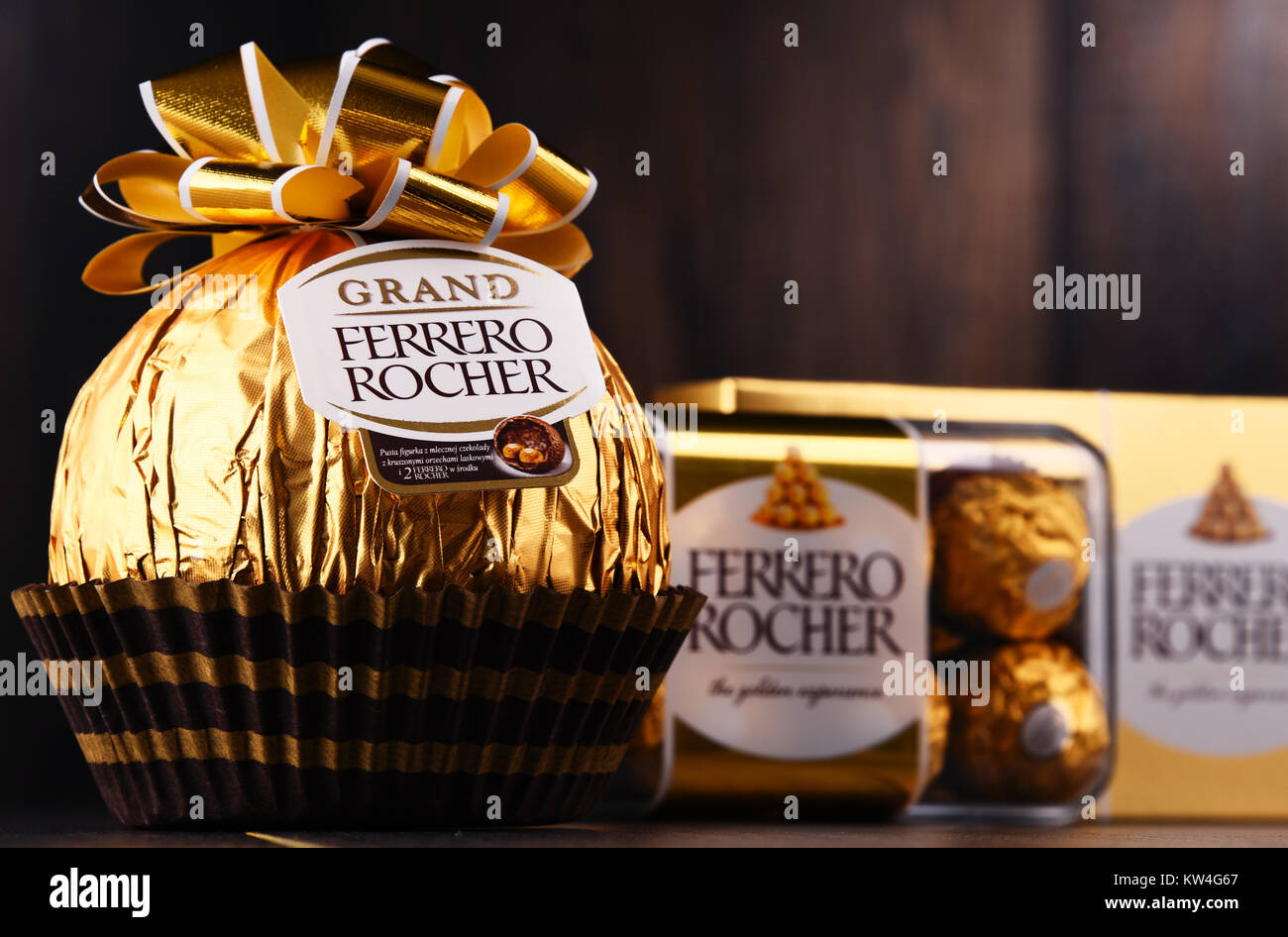 POZNAN, POLAND - DEC 7, 2017: Ferrero Rocher premium chocolate sweets ...