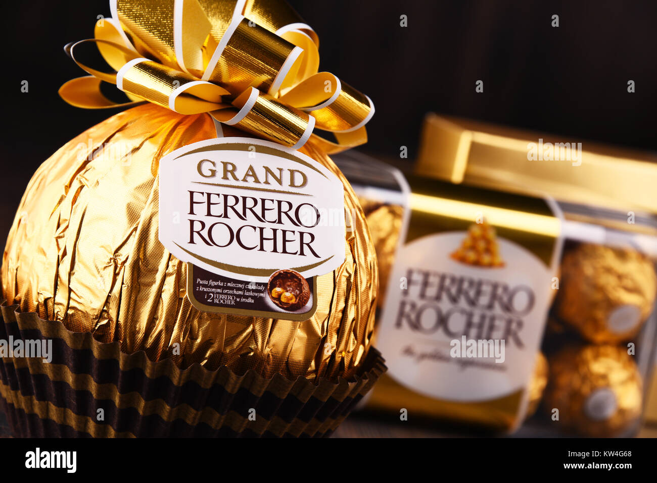 POZNAN, POLAND - DEC 7, 2017: Ferrero Rocher premium chocolate sweets ...