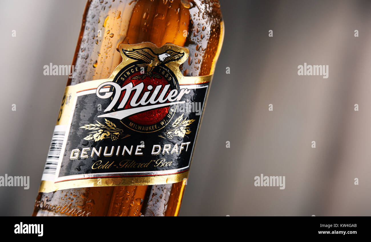 POZNAN, POLAND - DEC 8, 2017: Miller Genuine Draft is the original cold ...