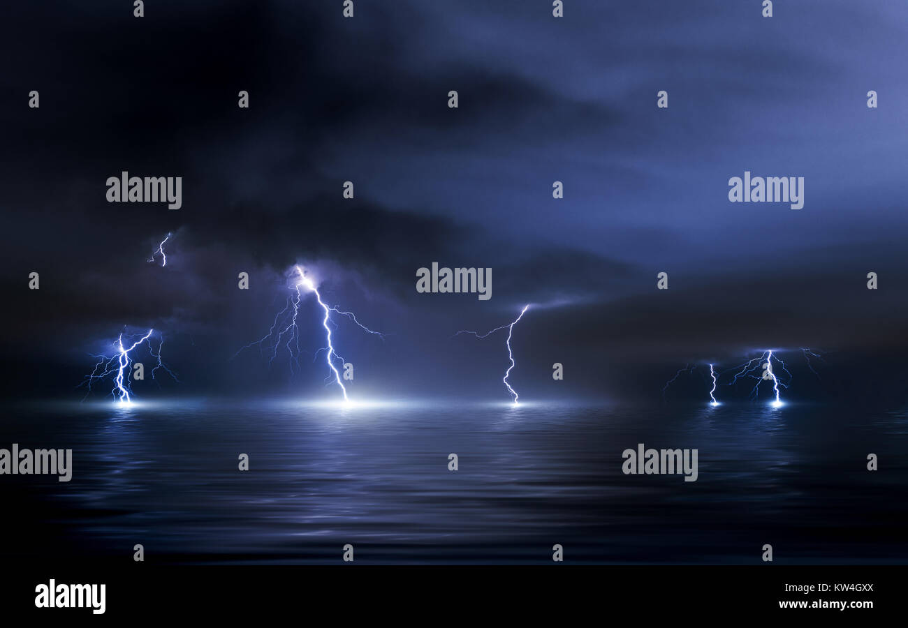 Thunderstorm over the sea, lightning beats the water Stock Photo - Alamy