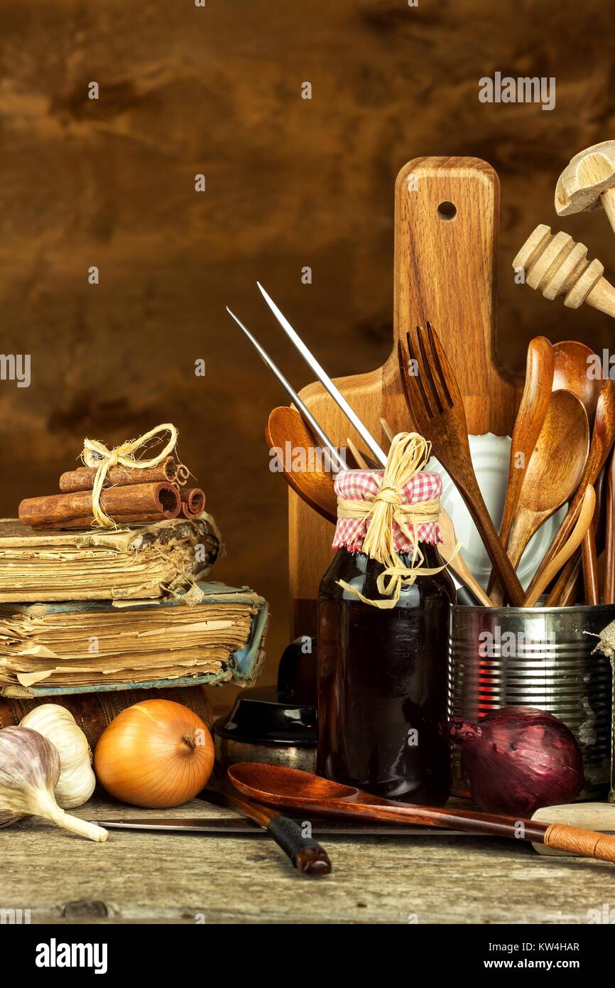 Kitchen tools on the table. Utensils for chefs. Old wooden spoon Stock ...
