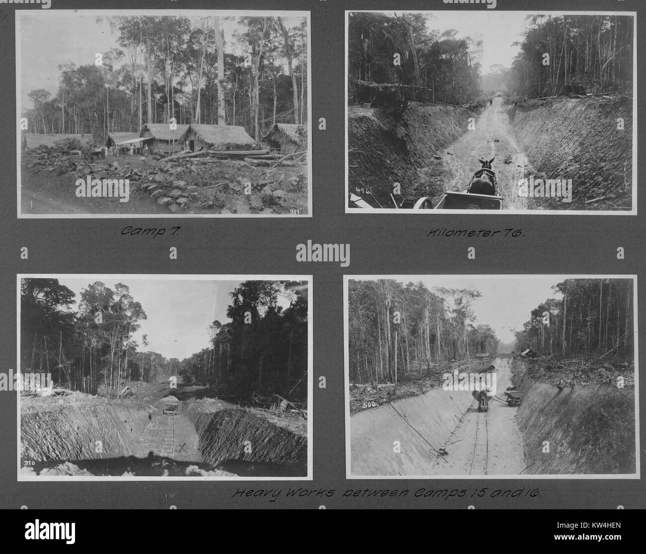 Collage of four images of railroad construction in Brazil, 1910. From ...
