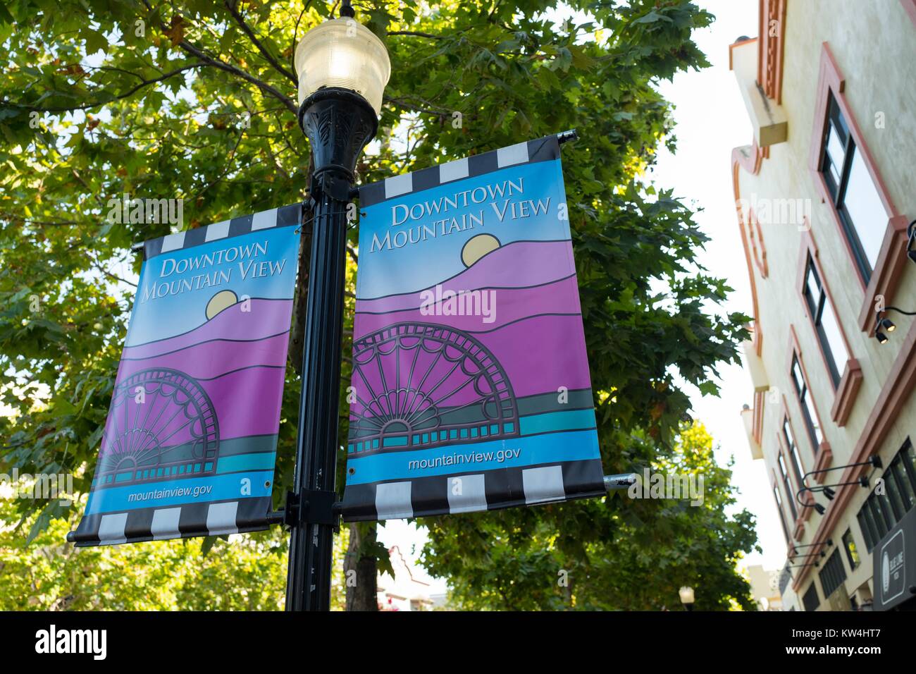 Signage advertising the downtown portion of the Silicon Valley town of ...