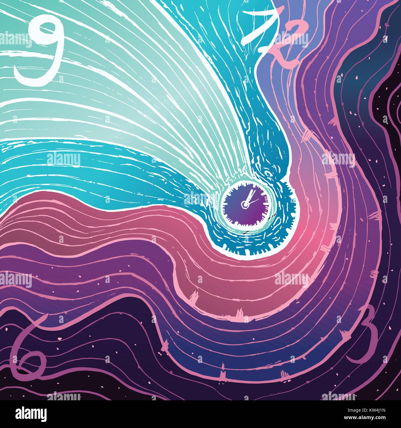 Symbolical depiction of time and transition. A clock is falling a cross ...