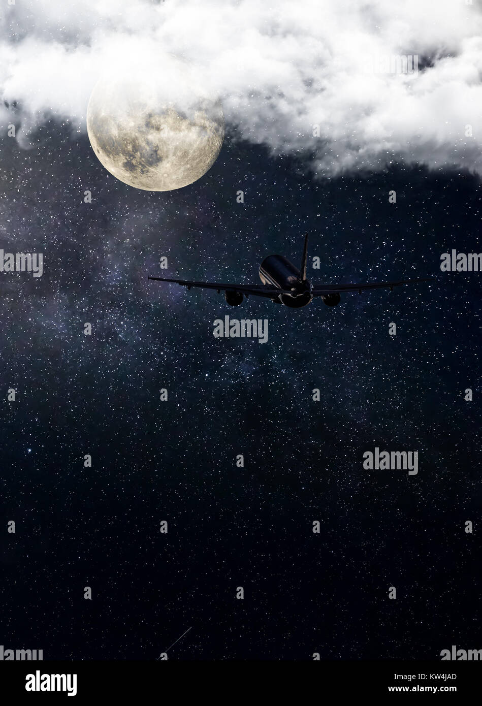 Airliner flying in the night, starry sky and moon Stock Photo - Alamy