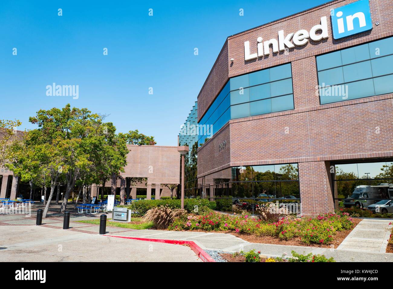View of main building with logo and signage at the headquarters of ...