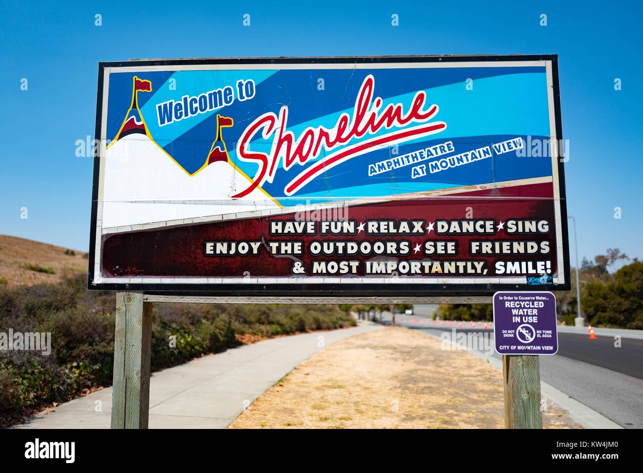 Straight-on view of welcome signage for the Shoreline Amphitheatre, a ...