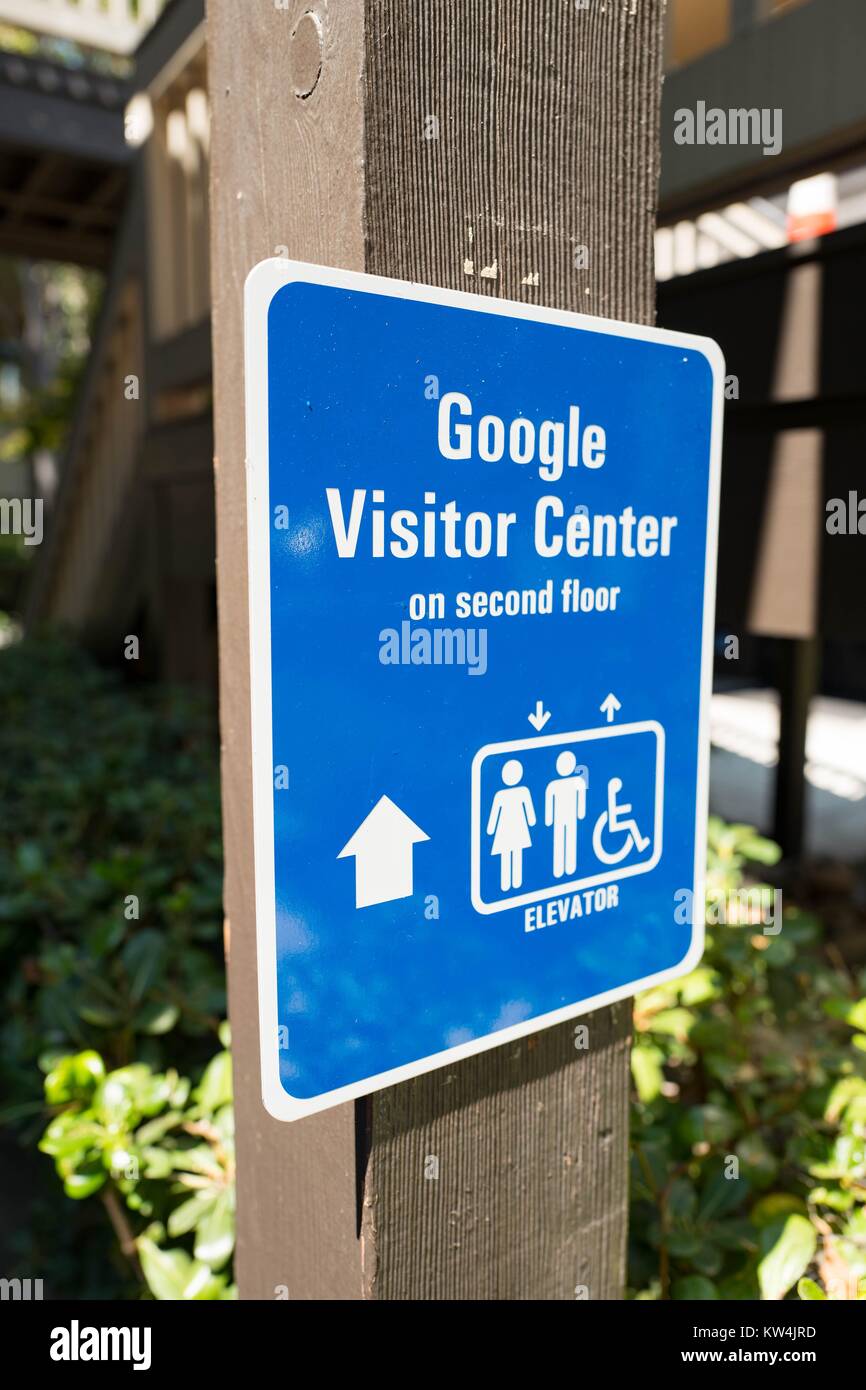 Sign for Google Visitor Center, at the Googleplex, headquarters of the ...