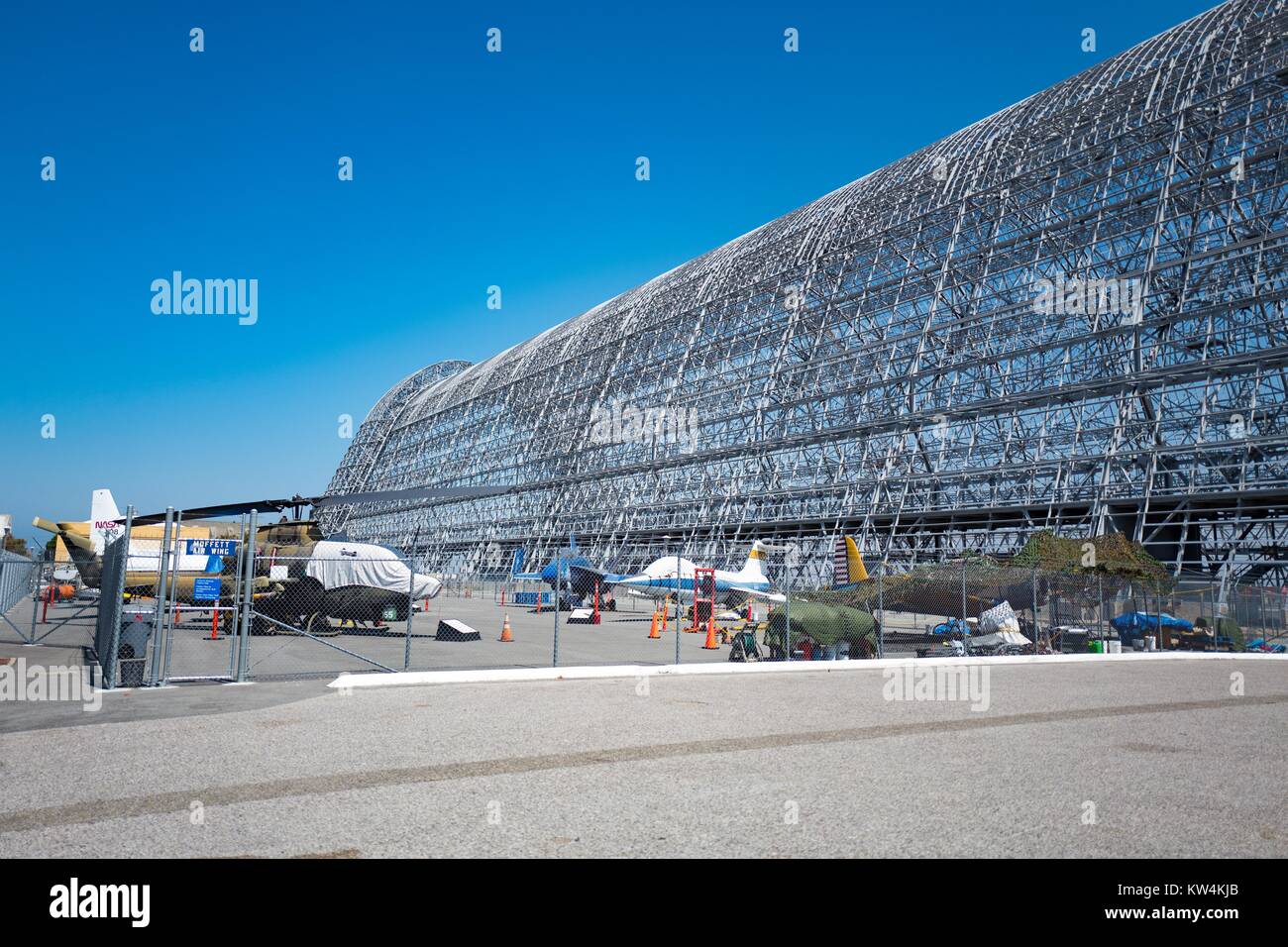 Metal structure of Hangar One, with historical aircraft displayed in ...