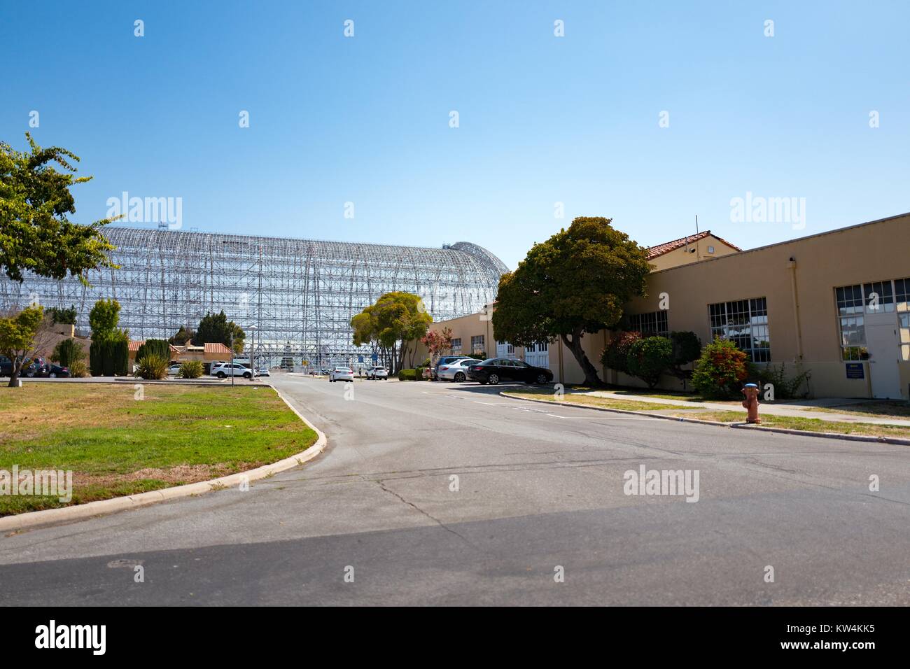 Hangar One visible behind buildings within the secure area of the NASA ...
