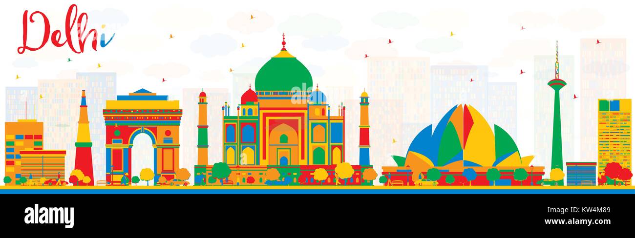 Delhi India Skyline with Color Buildings. Vector Illustration. Business ...