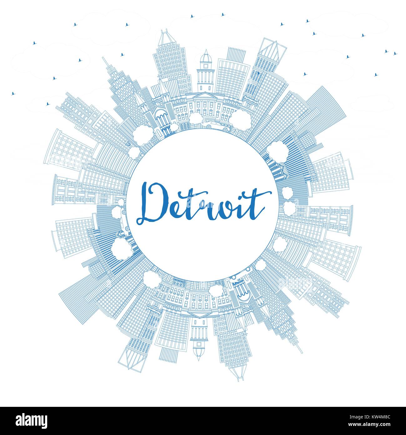 Outline Detroit Michigan USA City Skyline with Blue Buildings and Copy ...