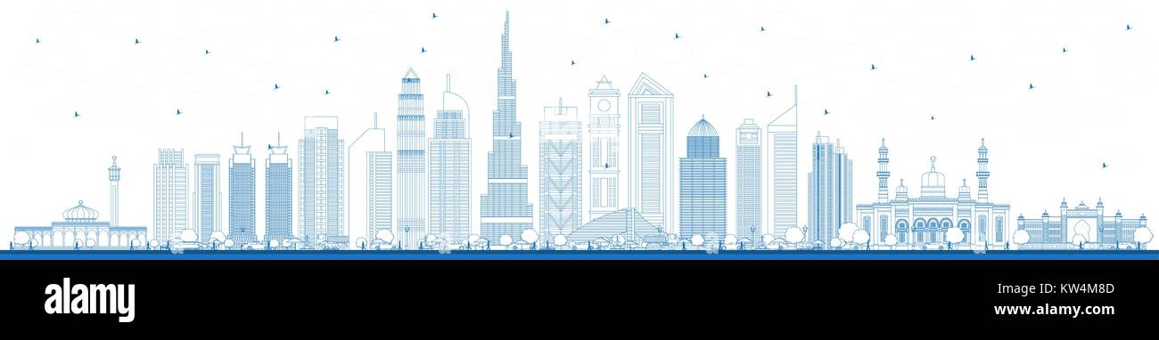 Outline Dubai UAE City Skyline with Blue Buildings. Vector Illustration ...
