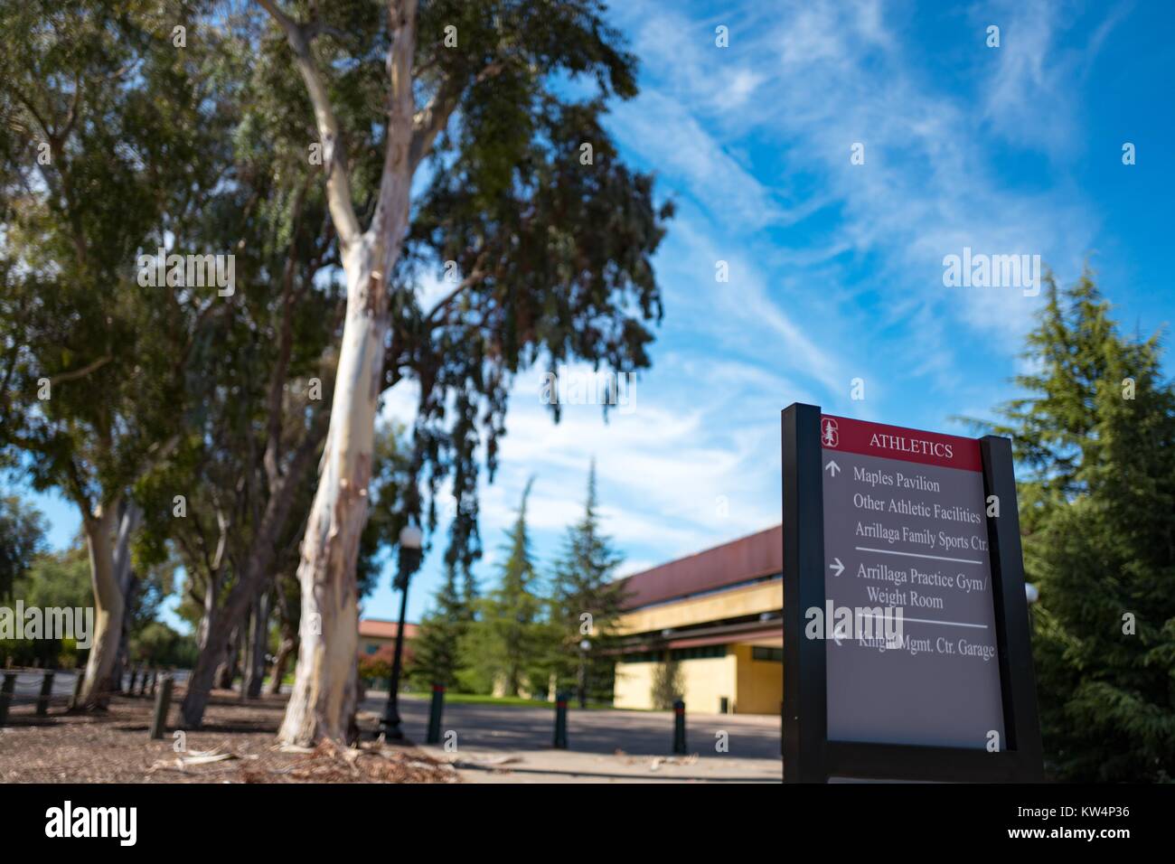 A sign provides information as to the location of several buildings on ...