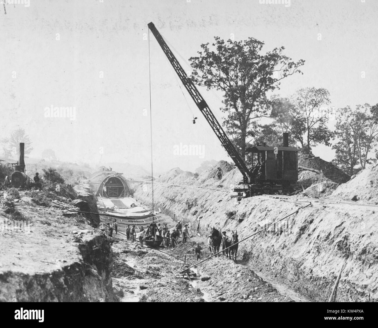 View showing successive steps in aqueduct construction at Peekskill cut ...