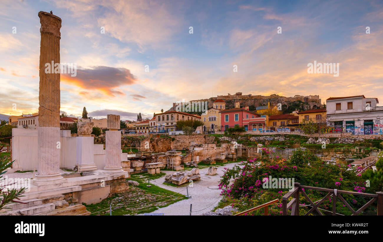 Remains of Hadrian's Library and Acropolis in the old town of Athens ...