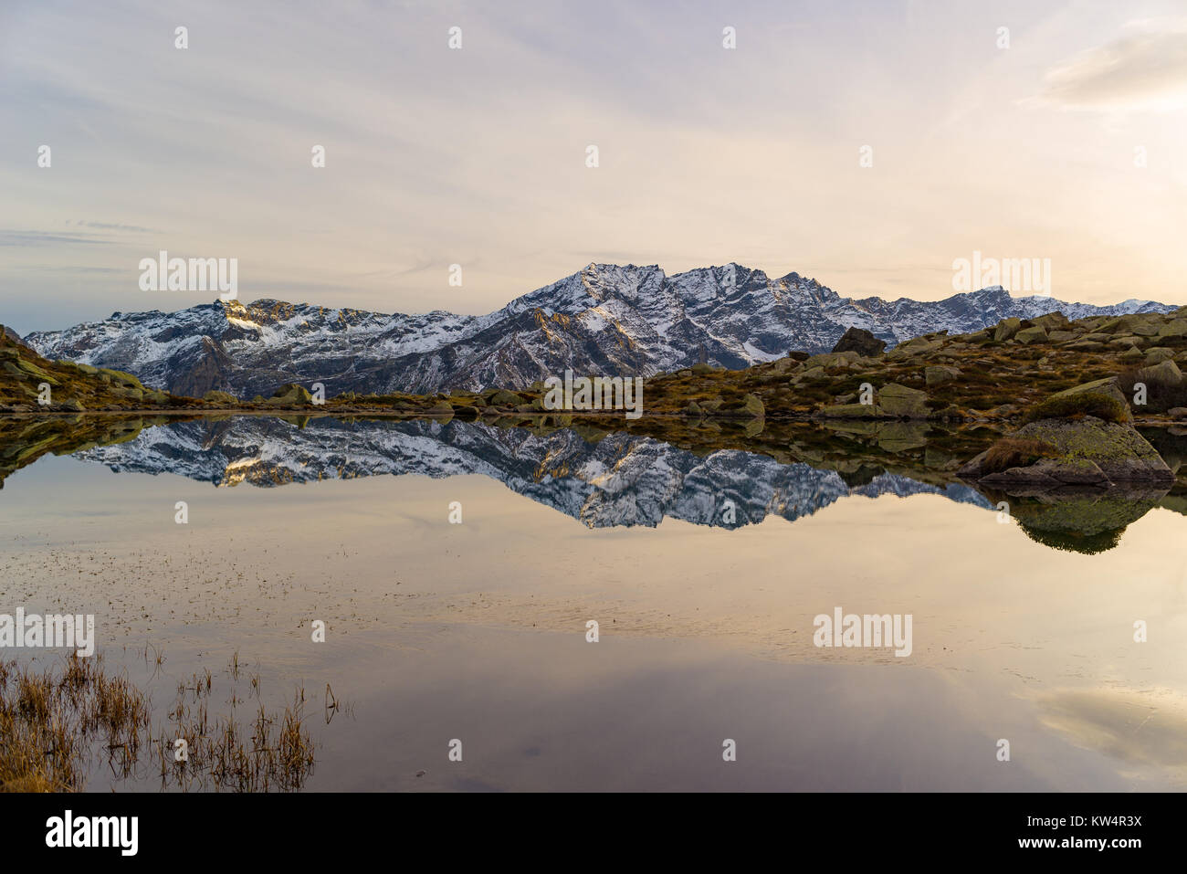 High altitude alpine lake in idyllic landscape. Reflection of ...