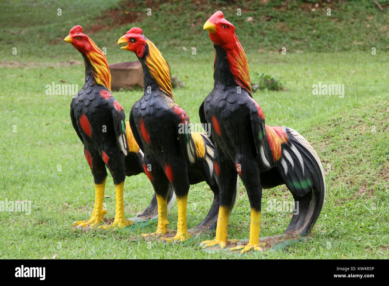 Big color roosters statues on the green lawn in Thailand Stock Photo ...