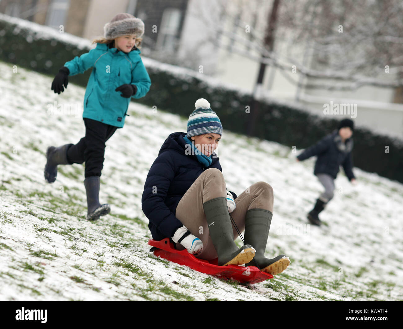 Pic shows: Snow hits Yorkshire. Fun in the snow sledging and throwing ...