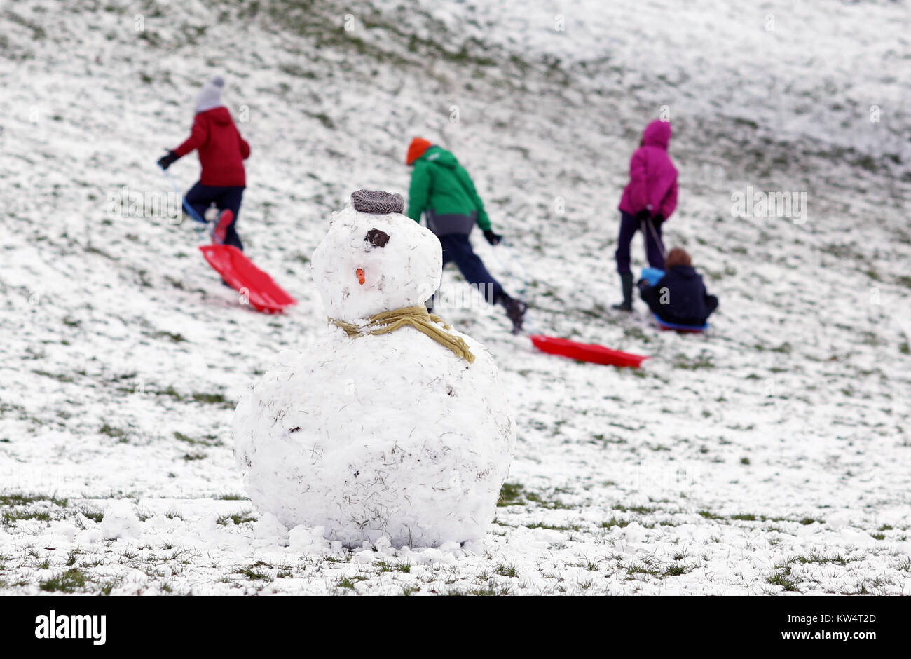 Pic shows: Snow hits Yorkshire. Fun in the snow sledging and throwing ...