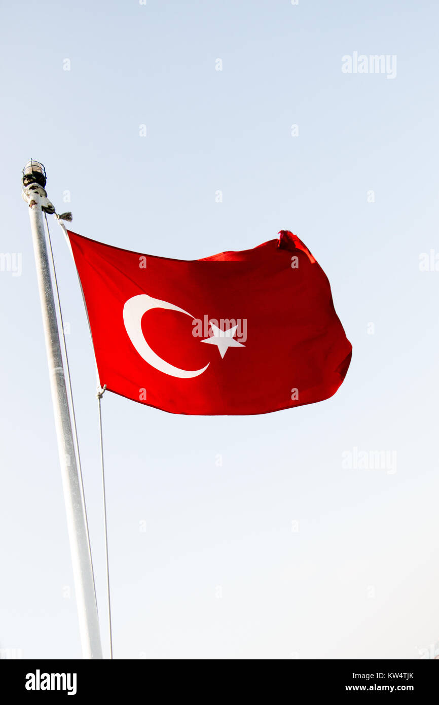 Turkish national flag hang on a pole in open air Stock Photo - Alamy