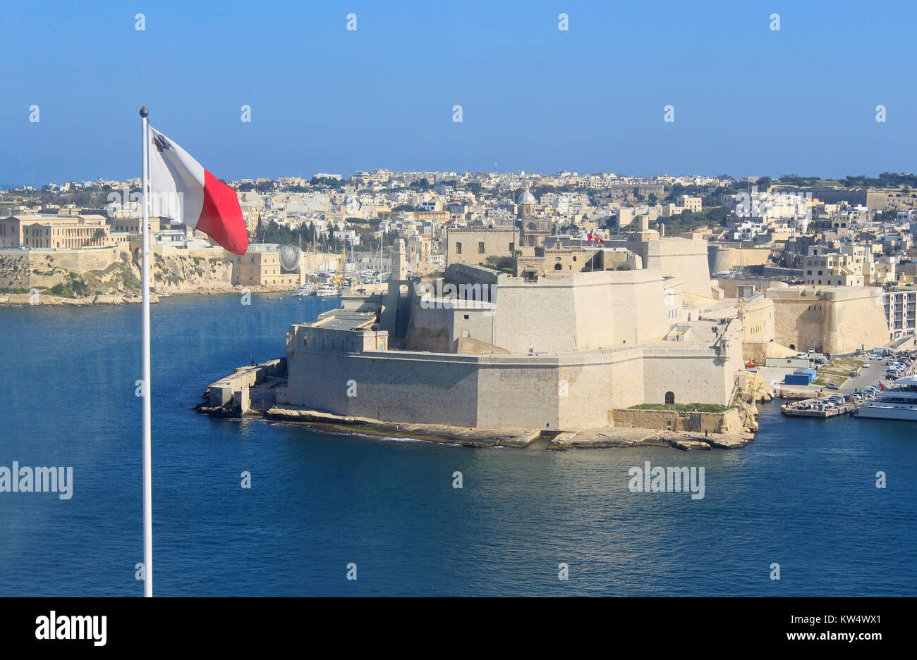 Fort St. Angelo, Malta, with flag, part of Grand Harbour Stock Photo ...