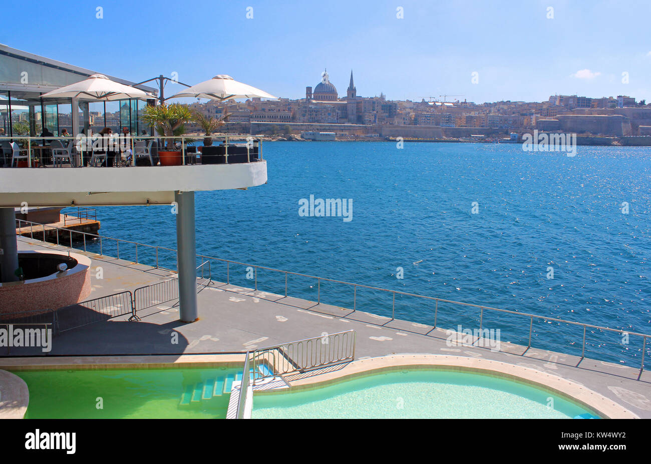 Valletta, Malta, view from Sliema, with swimming pool and roof terrace ...