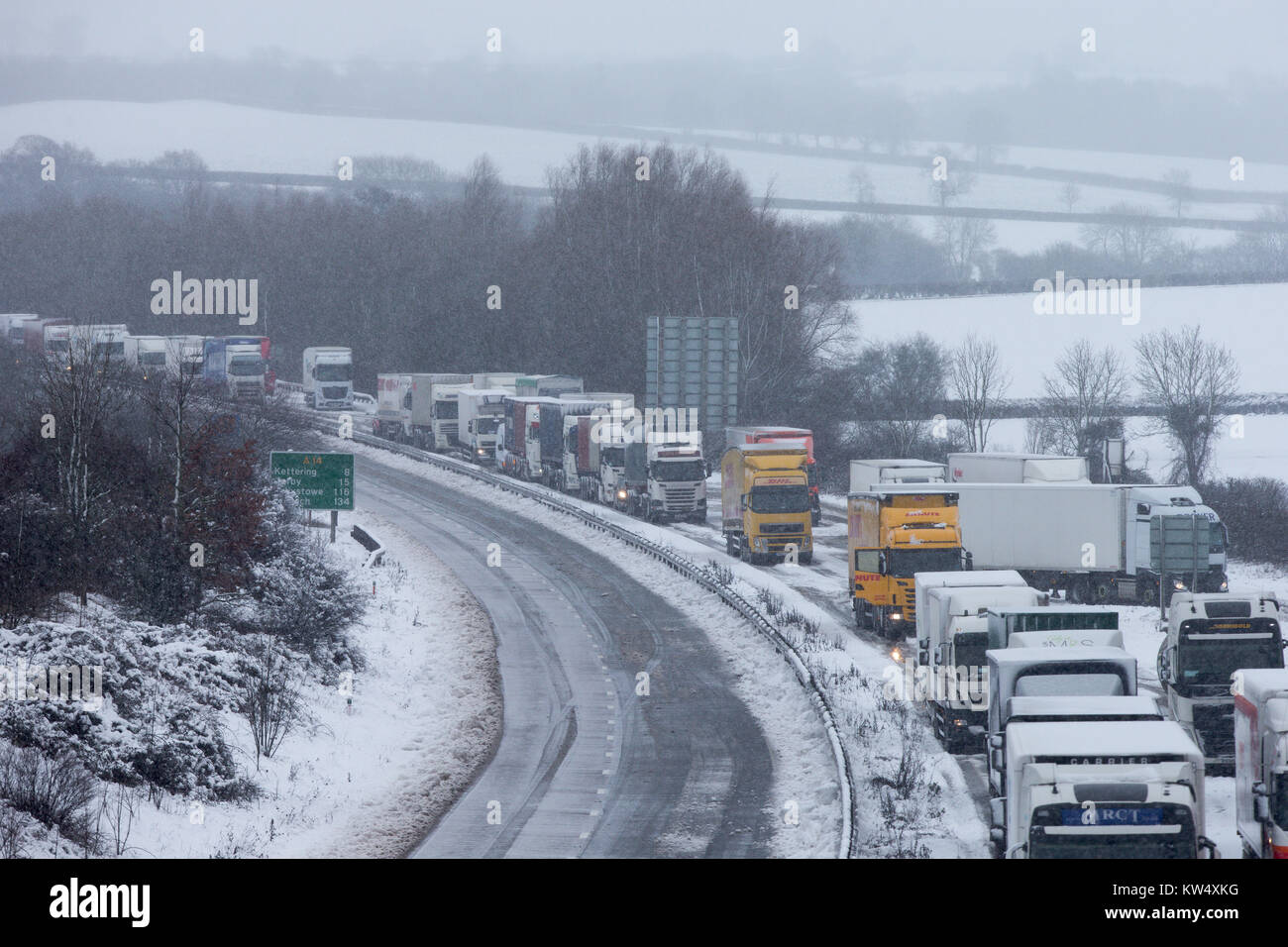 Lorries and cars that have stuck on the A14 near Desborough,Northants ...