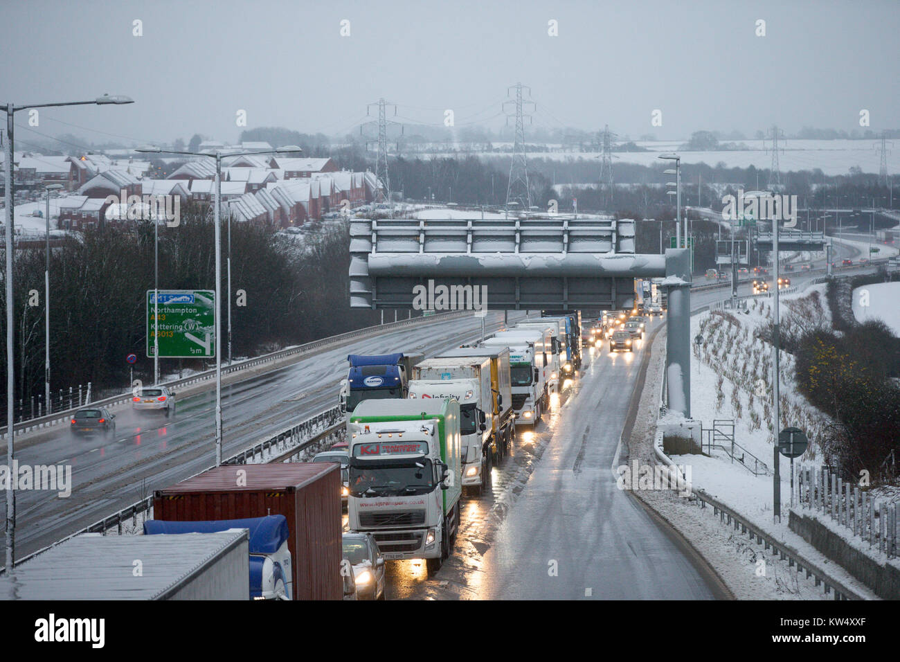 Lorries and cars that have stuck on the A14 near Desborough,Northants ...