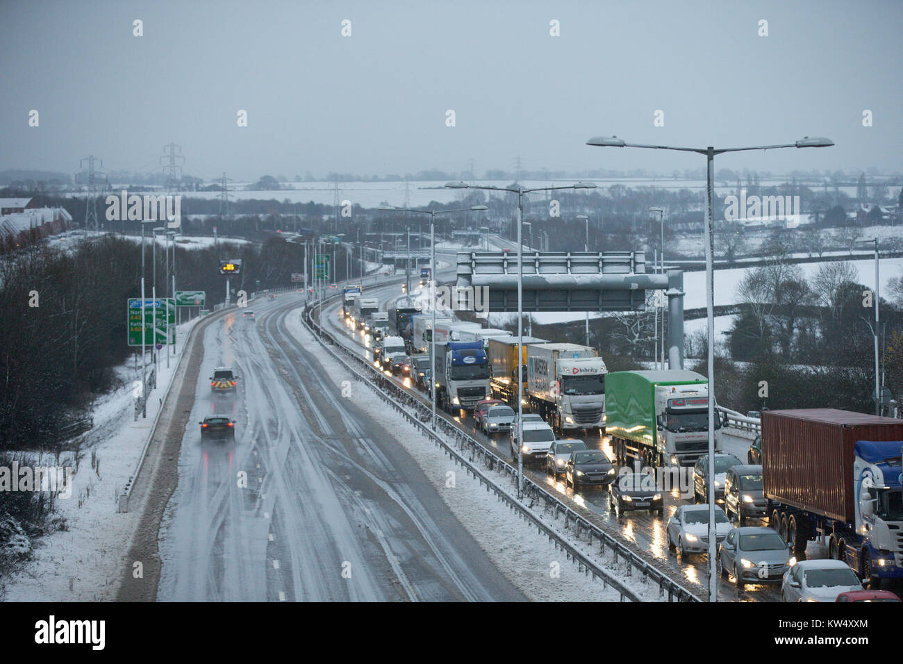Lorries and cars that have stuck on the A14 near Desborough,Northants ...