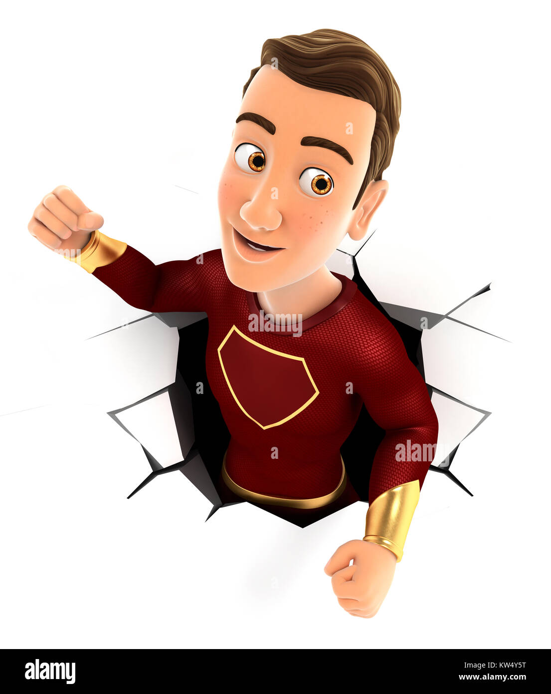 3d red hero coming out through a wall, illustration with isolated white ...
