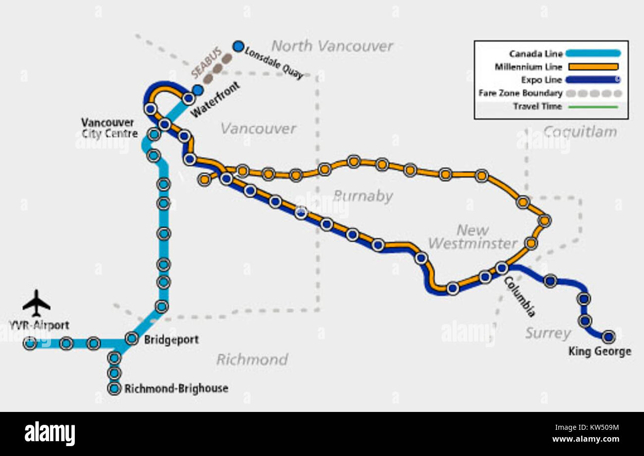 The Skytrain system map illustrates the transit routes of the elevated ...
