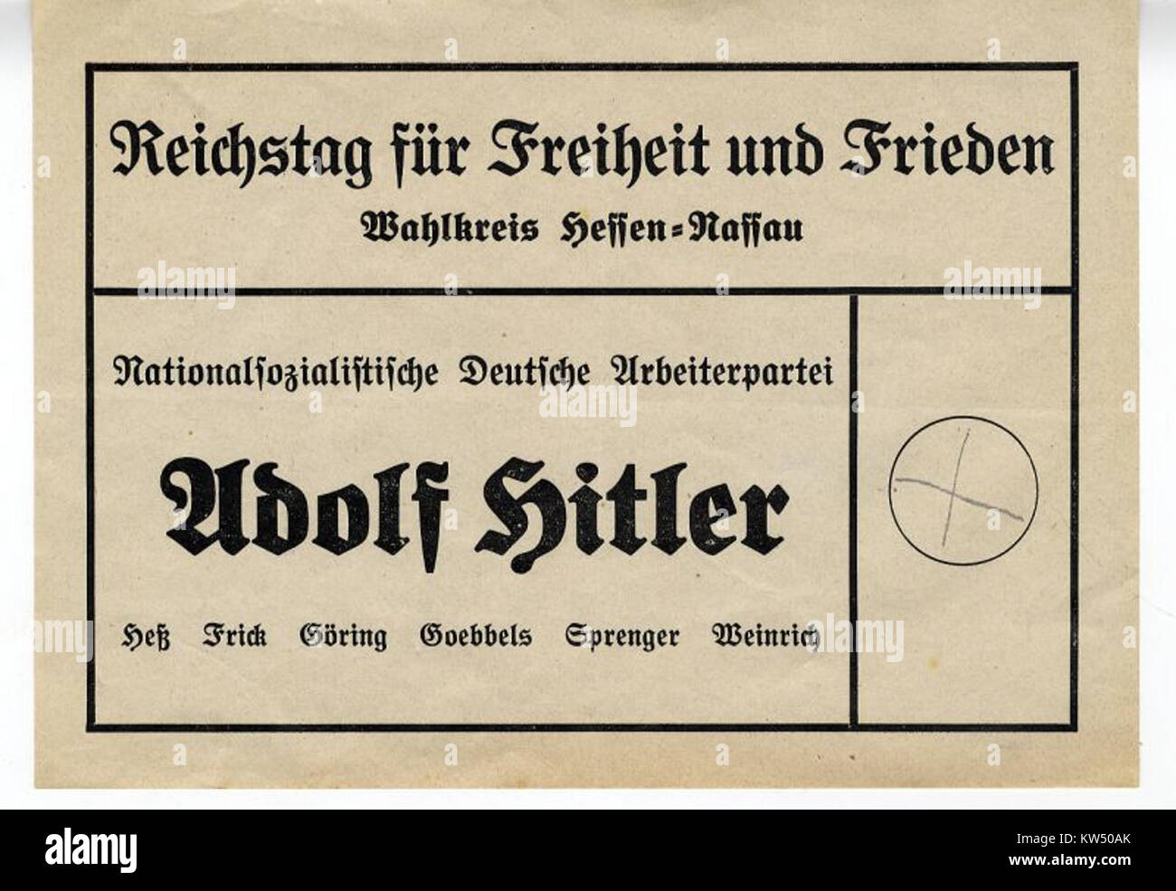 A 1936 voting ballot from the region of Hessen-Nassau in Germany ...