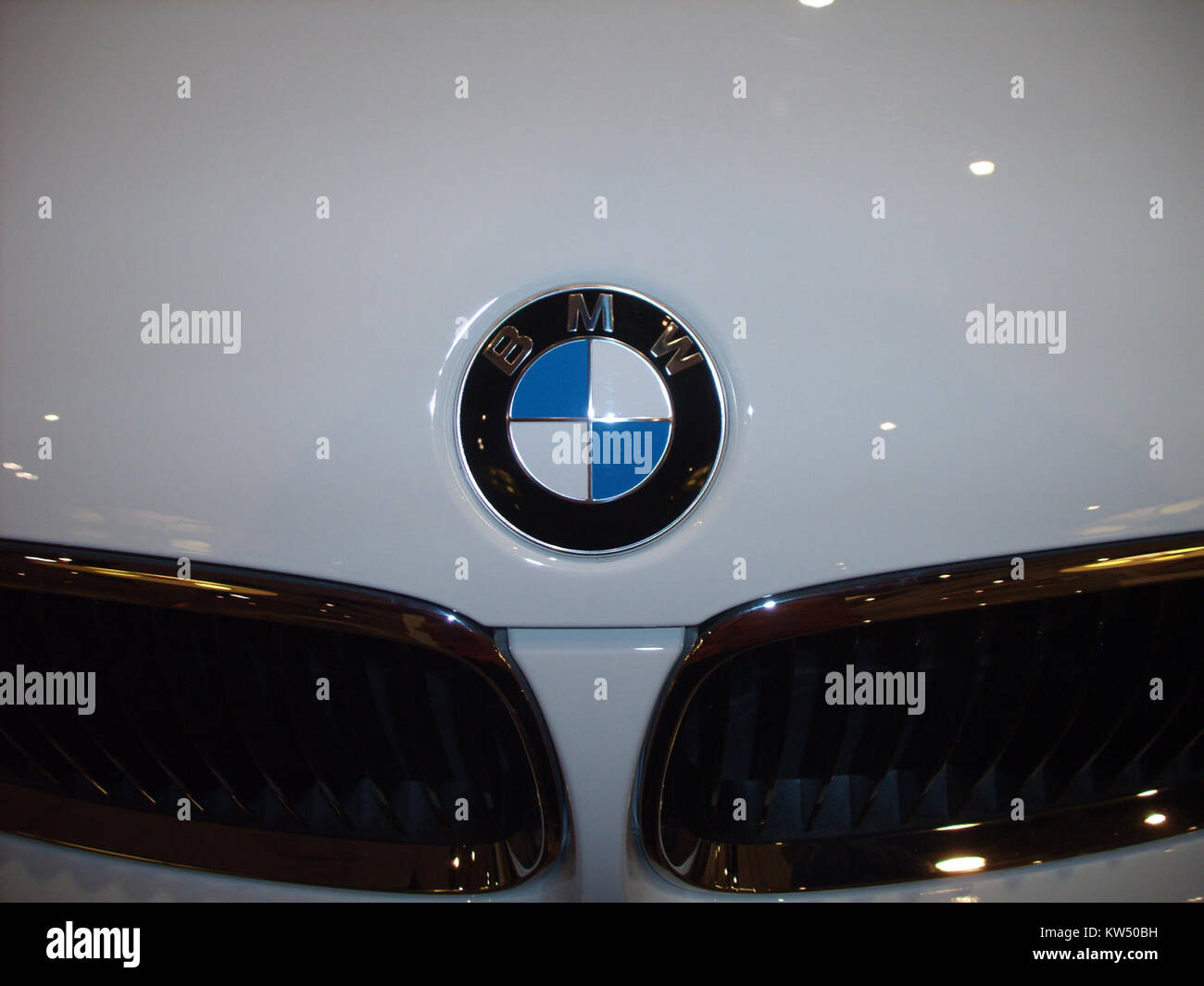 The BMW logo is prominently displayed on a white car, showcasing the ...