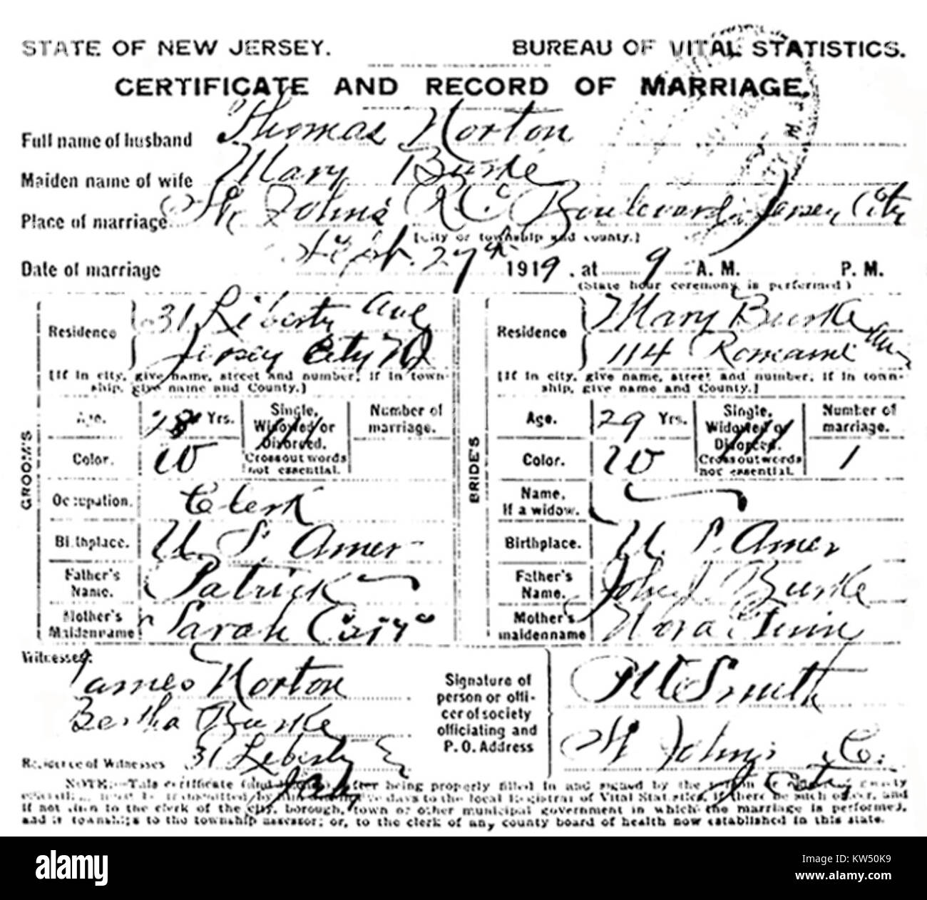 A historical marriage certificate from September 17, 1919, documenting ...