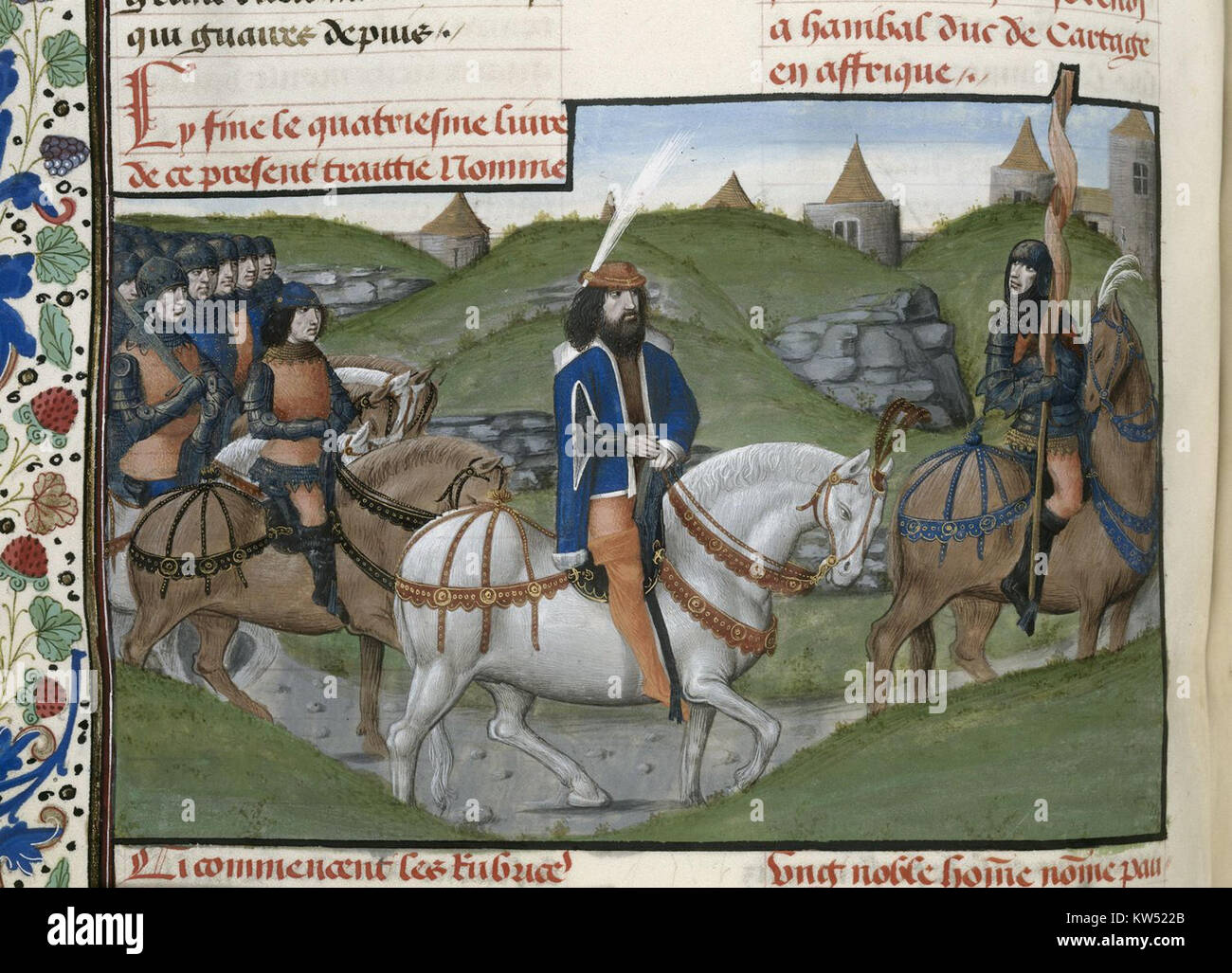 A medieval manuscript illumination showing Hannibal, the Carthaginian general, depicting a ...